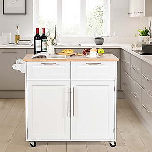 COSTWAY Kitchen Island Cart on Wheels, with Side Towel Bar, 2 Drawers, 2 Door Cabinet, Rolling Storage Trolley Cart with Rubber Wood Top & Lockable Casters (White)