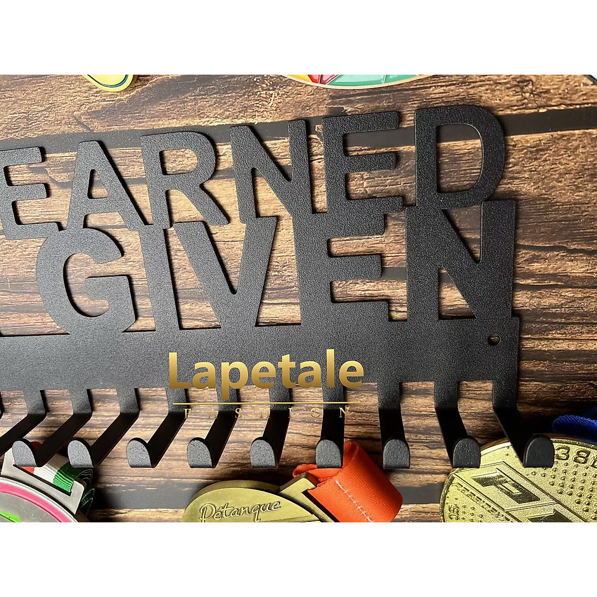 Lapetale Fashion Always Earned Never Given Medal Holder Hanger Display Rack Award Ribbon Organizer for Race,Running,Soccer,Gymnastic,Wrest