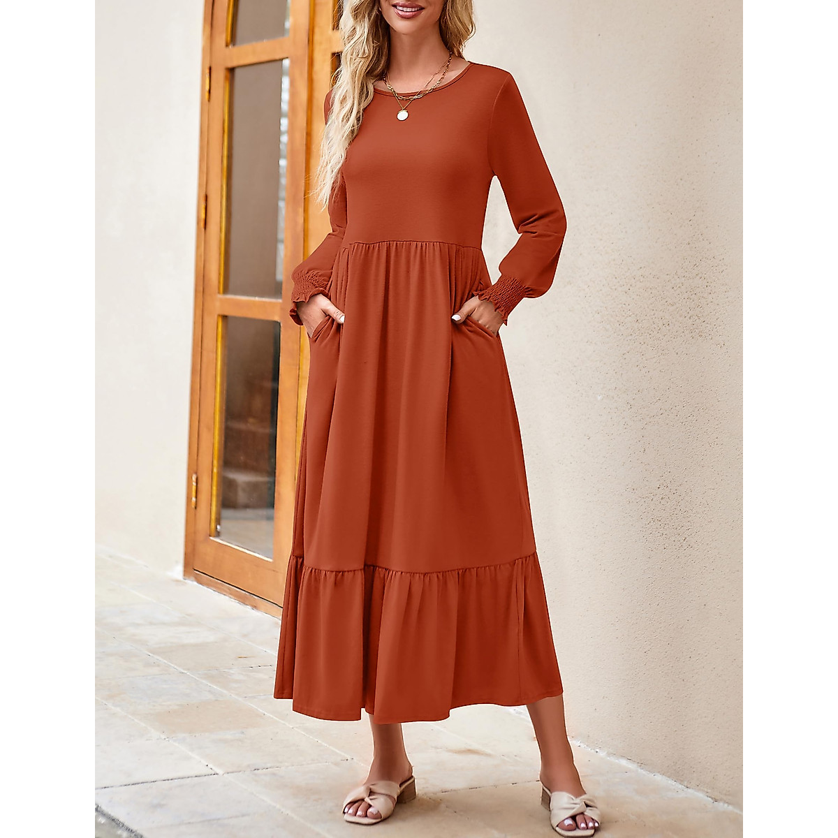 ZESICA Women's 2024 Fall Long Sleeve Dress Crewneck Casual Loose Pleated Tiered Swing Midi Dresses with Pockets,Rust,Medium