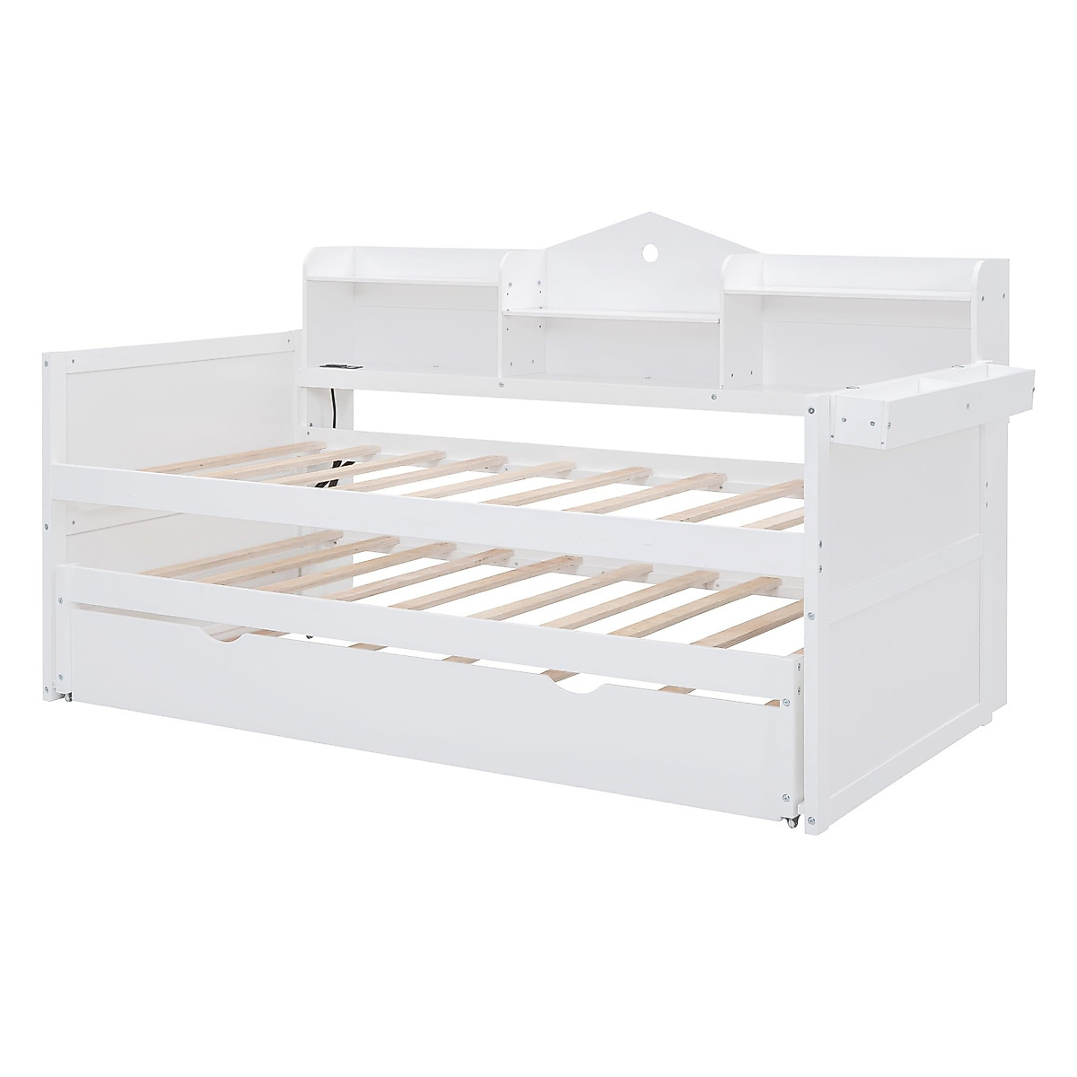 Merax Wooden Storage Shelf, Twin XL Daybed with 2 Trundle, White