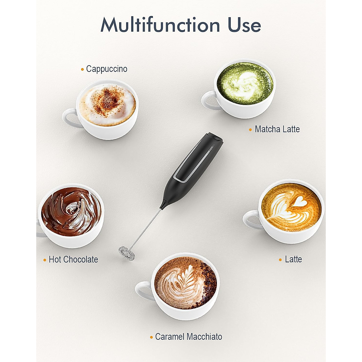 Milk Frother Handheld Battery, Electric Foam Maker Frother Wand, Drink Mixer with Stainless Steel Whisk for Coffee, Matcha, Lattes, Cappuccino Black