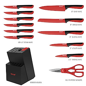 hecef 13 Pieces Kitchen Knife Set with Built-in Sharpening Wooden Block, High Carbon Stainless Steel Knife Block Set with Steak Knives, Kitchen Scissors, Red