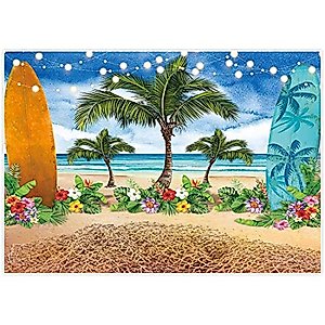 Allenjoy Summer Beach Ocean Photography Backdrops Blue Sky Seaside Surfboard Tropical Palm Trees Luau Kids Girl 1st Birthday Party Decor Banner Baby Shower 7x5ft Photoshoot Background Photo Booth Prop