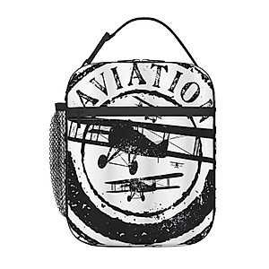 Lizinna Portable Lunch Bag For Women/Men, Style Stamp Design With Word Aviation And Airplane Silhouettes, Aluminum Material, 10.24 Inches