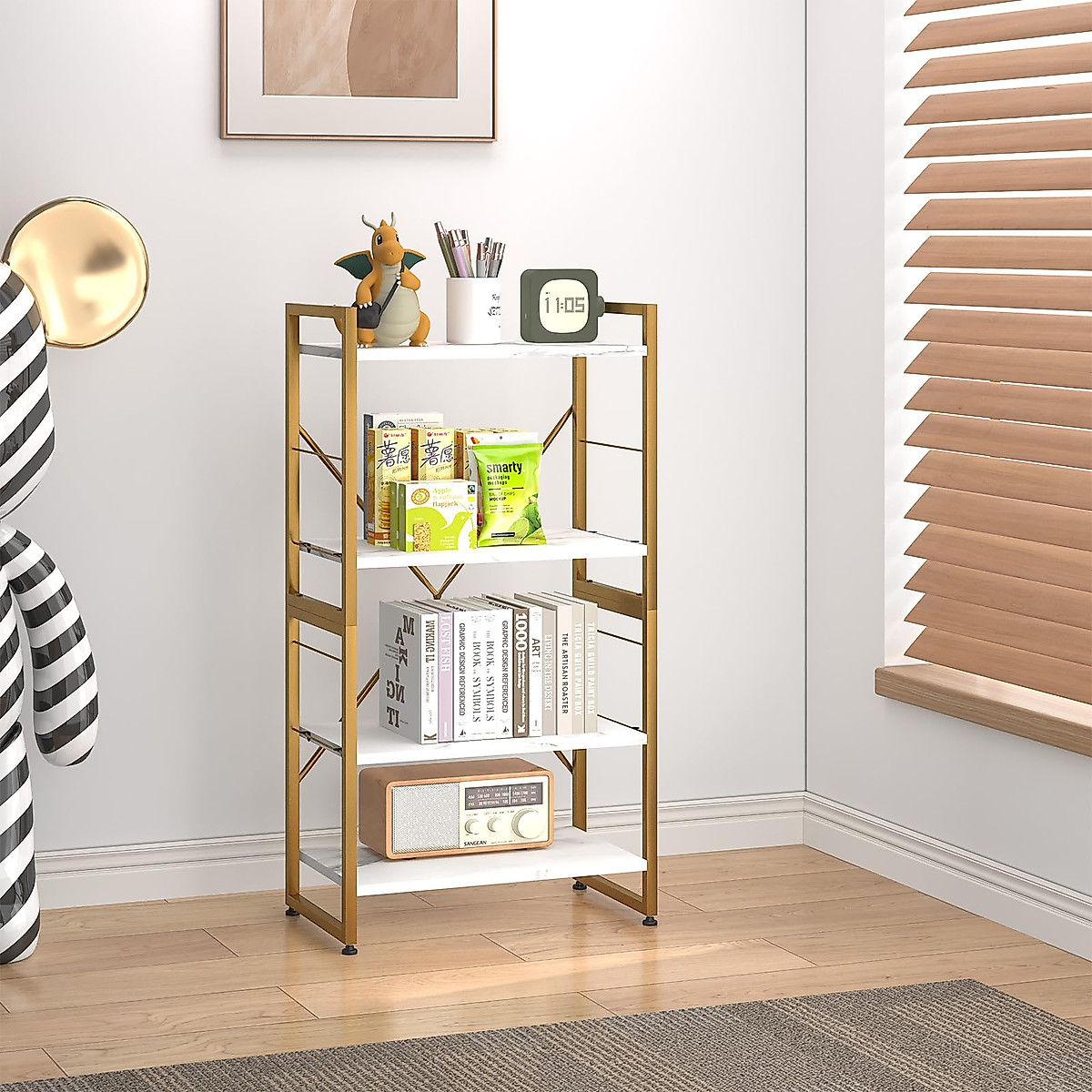 Azheruol 4 Tiers Bookshelf Adjustable White Faux Marble Organizer, Modern Small Bookcase for Small Space,Industrial Wooden Storage Display Rack and Storage Organizer for Living Room Home Office(Glod)