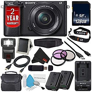 Sony Alpha a6300 Mirrorless Digital Camera with 16-50mm Lens (International Model) + NP-FW50 Replacement Lithium Ion Battery + External Rapid Charger + 128GB Class 10 Memory Card Bundle