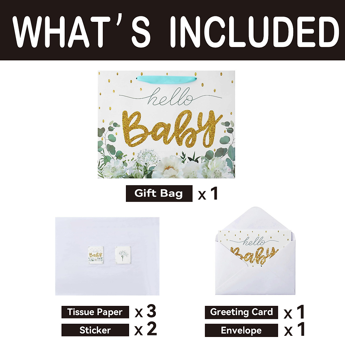 13" Large White Gift Bag Set with Greeting Card and Tissue Papers (Gold Glitter ‘Baby’) for Girls' Birthday Party, Women's Birthday Parties, Baby Shower, Baby Girl or Boy - 13”x5.2”x10.2”, 1 Pcs.