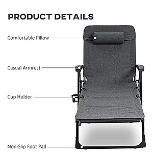 Outsunny Outdoor Folding Chaise Lounge Chair, Mesh Fabric Pool Chair with Adjustable Backrest, Pillow and Cup Holder for Poolside, Deck, and Backyard, Grey