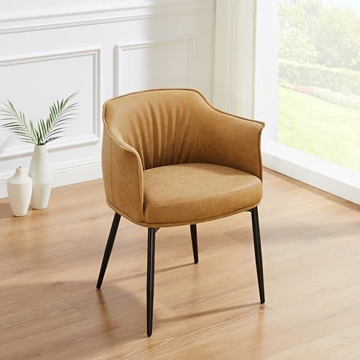 Art Leon Faux Leather Accent Chair, Mid Century Modern Arm Chair, Upholstered Living Room Chair with Metal Legs for Kitchen Bedroom Office, Light Brown
