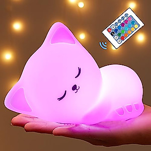 Mubarek Cat Night Light for Kids, 16 Colors Dimmable Kids Night Light, Remote Silicone Night Lights for Kids Room, 1800mAh Rechargeable Cute Lamp,Timer Baby Night Light for Kids,Cute Gifts for Girls