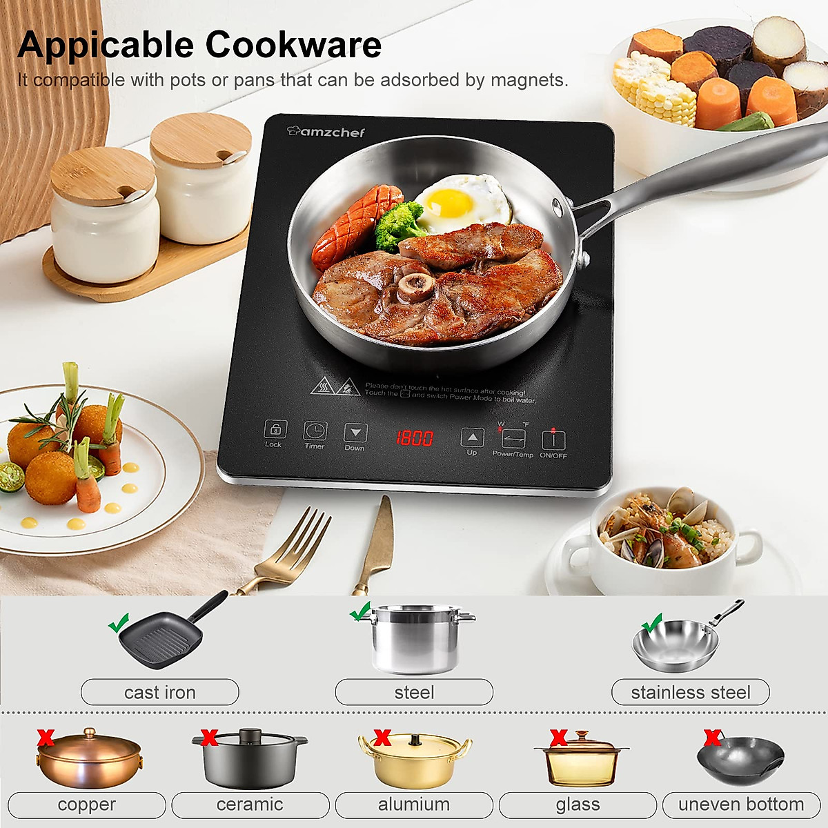 Portable Induction Cooktop AMZCHEF Induction Burner Cooker With Ultra Thin Body, Low Noise Hot Plate With 1800W Sensor Touch Single Electric Cooktops Countertop Stove With 8 Temperature & Power Levels, 3-hour Timer, Safety Lock
