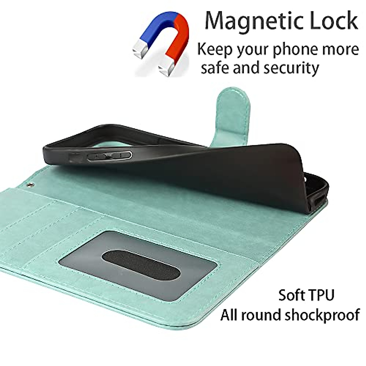 Cavor for iPhone 13 Wallet Case with Card Holder,Protective PU Leather Flip Folio Phone Case[Stand Feature] Wrist Strap [Shockproof TPU] Magnetic Closure Wallet Case-Green