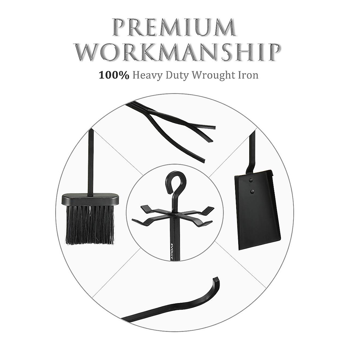 EVOLLY 5 Pieces Fireplace Tools Set 32Inch Heavy Duty Wrought Iron Fire Place Tool Set Fireplace Toolset for Fireplaces, Fire Pits, Hearth Accessories Including Tongs, Shovel, Stand, Poker & Broom