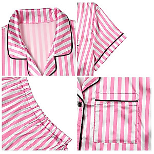 Remidoo Women's Striped Silk Satin Short Sleeve Button Down Pajama Set 2 Piece Pjs Loungewear Pink Large