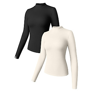 OQQ Women's 2 Piece Long Sleeve High Neck Shirt Stretch Fitted Underscrubs Layer, Black,beige, Large