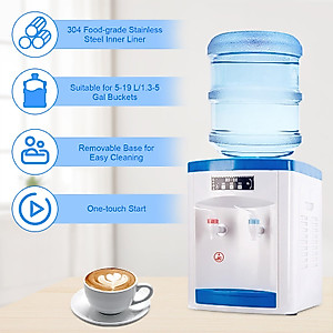 HuaShuani Top Loading Water Dispenser, Compact Mini Water Dispenser，Desktop Electric Hot Cold Water Dispenser for Home Office,5 Gallon 304 Food Grade Liner,PP Fuselage,46°F-194°F