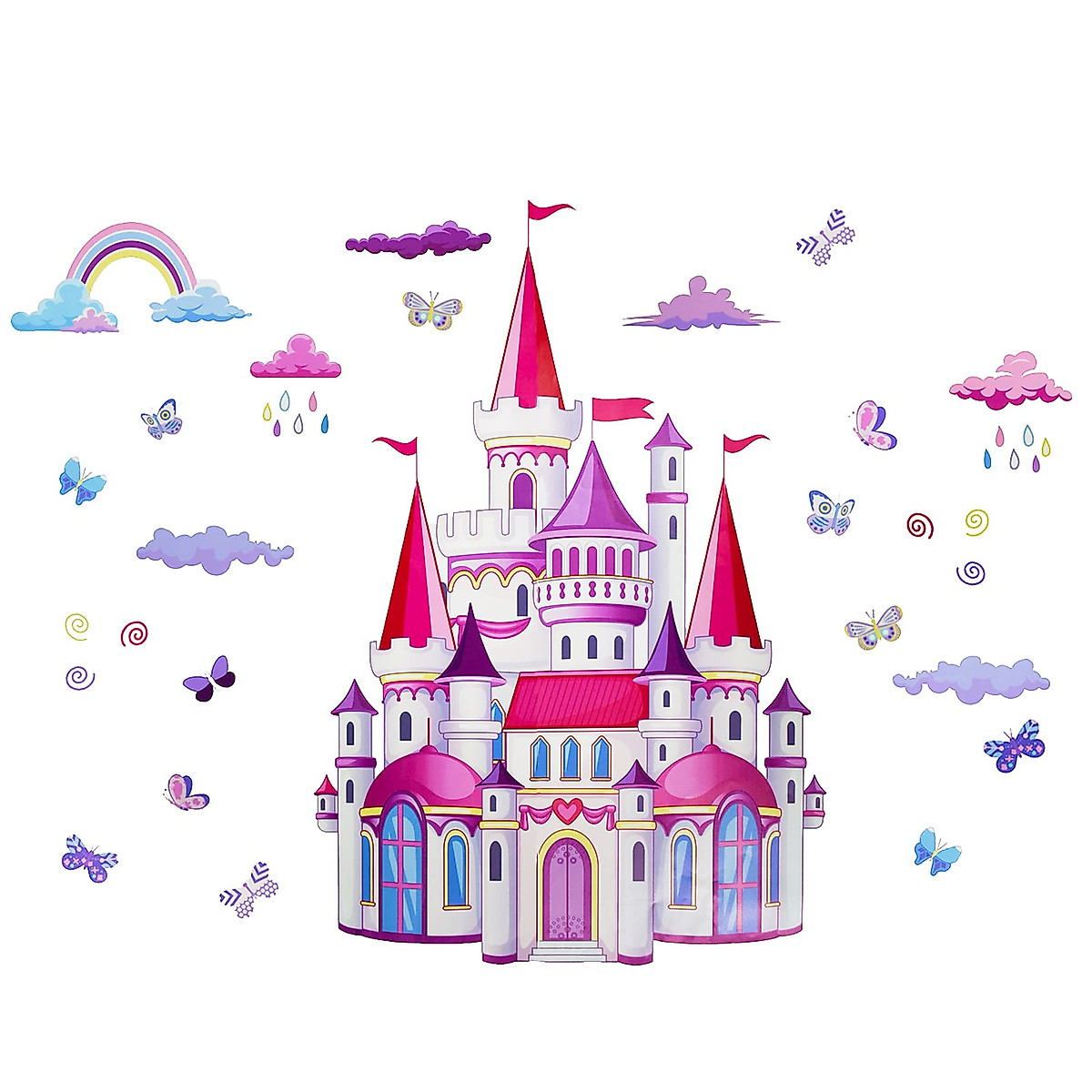 Pinenjoy Cartoon Castle Wall Decal Colorful Rainbow Clouds Butterfly Wall Stickers 39x30inch Fantasy Removable Self-Adhesive Vinyl Wall Clings for DIY Girls Bedroom Nursery Classroom Living Room