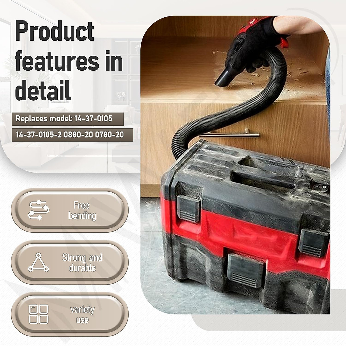 MWEDP 14-37-0105 Vacuum Hose Compatible with Milwaukee M18 Vacuum 0970-20 0880-20 0780-20 (Internal Storage), Fits 18V/28V Wet/Dry Vac Hose Assembly