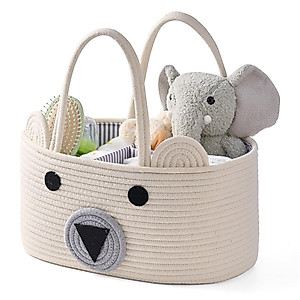 InfiBay Baby Diaper Caddy Organizer, Baby Nursery Storage with Removable Dividers and Sturdy Handles, Cute Bear Basket, Cotton Rope Baby Basket, Portable Diaper Storage Basket