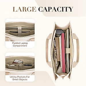 Missnine Tote Bag Canvas Laptop Bag 15.6 inch Briefcase for Women Large Capacity Handbag for Office, College, Travel (Croc-embossed Light Khaki)