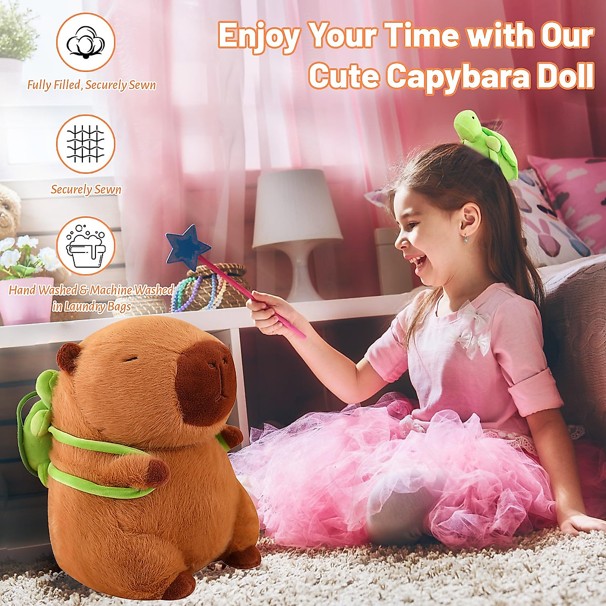 Emoin Capybara Plush Toys Kawaii Capybara Plushies with Turtle Backpack Soft Brown Capybara Stuffed Animals Capybara Gifts Doll Pillow for Baby Boys Girls Toys - 9Inch