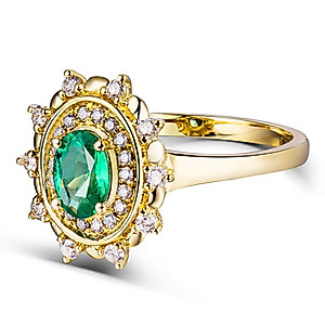 Lanmi 14K Yellow Gold Natural Emerald Diamonds Ring for Women Promise Engagement Wedding Anniversary Promotion