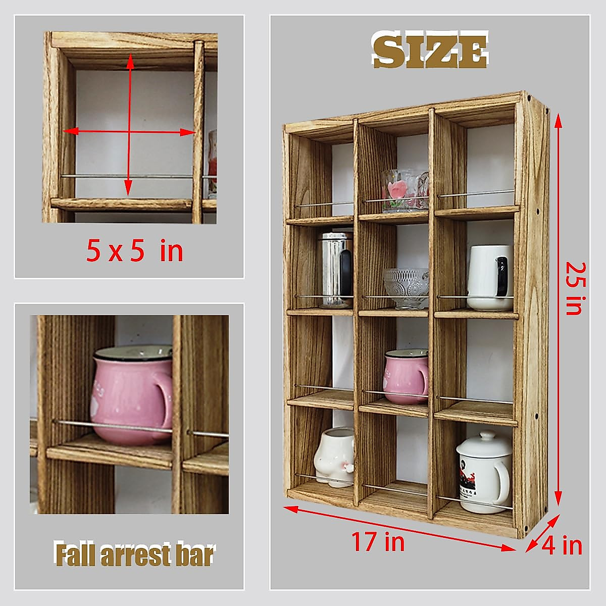 YIYUESHIJIU Wall Mounted Coffee Mug Display Rack, 17x25 Large Wooden Display Shelves Cup Holder Shadow Box Shelf Rustic Mug Rack Shot Glasses Display Case with 12 Compartment (Carbon)