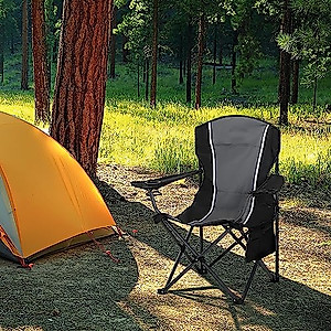 HIGH POINT SPORTS Oversized Camping Folding Chair, Heavy Duty Outdoor Chair with Armrest, Portable Lawn Chair with Cup Holder for Adults Support 350 LBS, Gray-Black