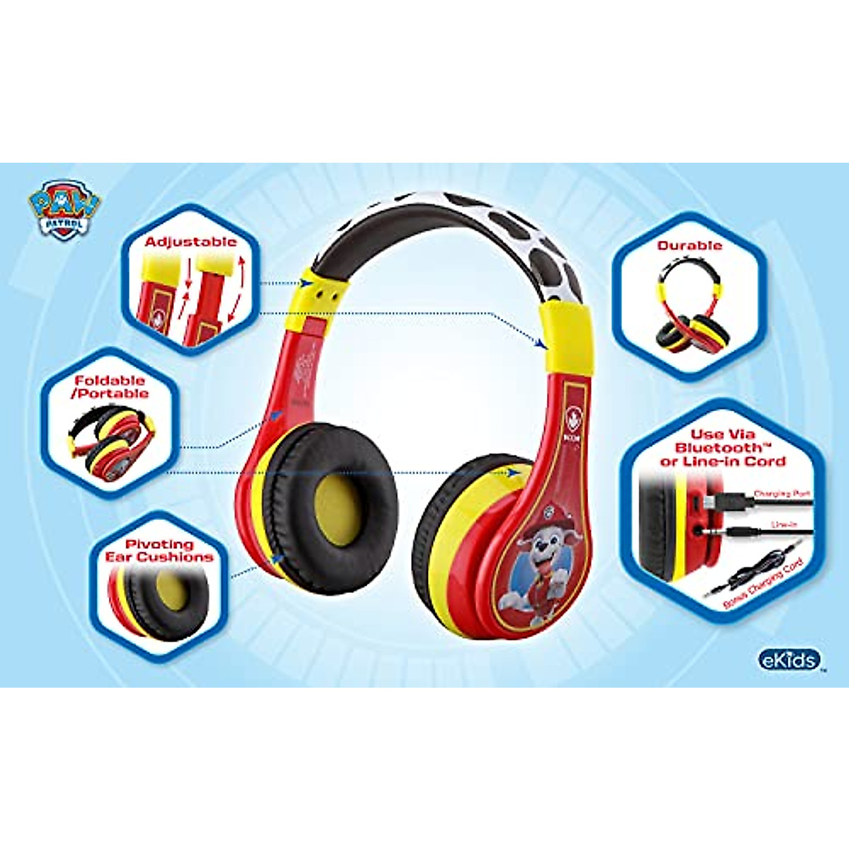 eKids Paw Patrol Kids Bluetooth Headphones, Wireless Headphones with Microphone Includes Aux Cord, Volume Reduced Kids Foldable Headphones for School, Home, or Travel