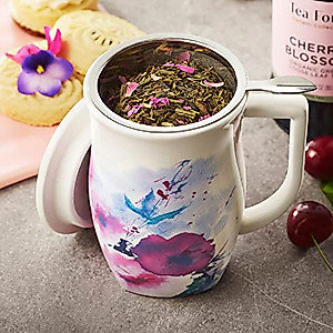 Tea Forte Fiore Ceramic Tea Mug with Infuser and Lid, Verbena Blossom, 14 oz. Ceramic Cup with Handle for Steeping Loose Leaf Teas, Dishwasher & Microwave Safe
