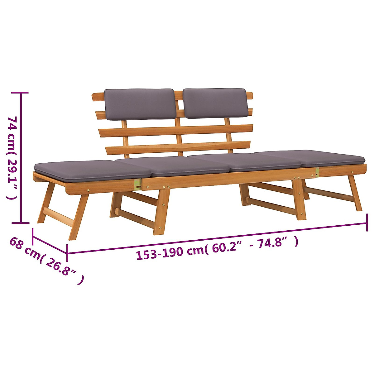 vidaXL 2-in-1 Convertible Outdoor Bench, Patio Daybed, Garden Day Bed, Weather-Resistant Solid Acacia Wood, 26.8" x 74.8" x 29.1" Brown Frame & Dark Gray Cushion