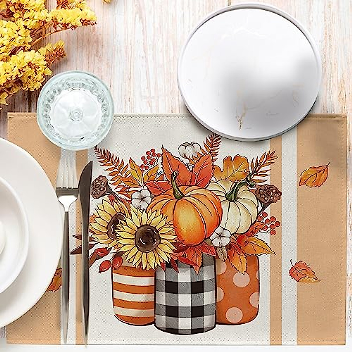 Seliem Fall Pumpkin Sunflower Placemats Set of 4, Autumn Leaves Flower Buffalo Plaid Mason Jar Farmhouse Dining Table Place Mats, Thanksgiving Seasonal Kitchen Decor Party Home Decoration 12x18 Inch
