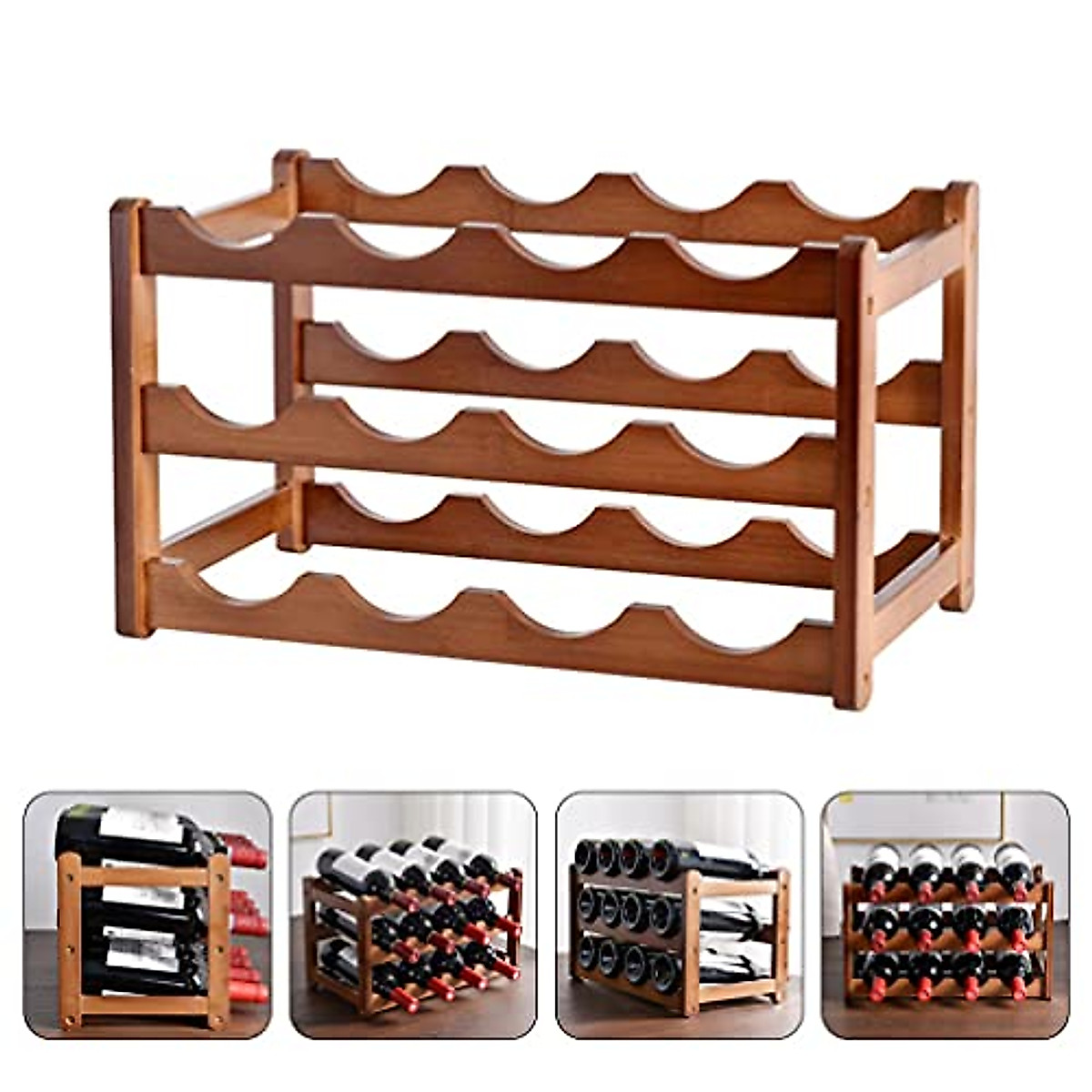 BESPORTBLE Wooden Wine Storage Rack Stackable Wine Bottle Holder 3 Layer Rustic Wine Shelf Cabinet Display 12 Bottles Organizer for Home Bar Shop Countertop