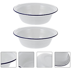 Healvian Enamel Basin 4 Pcs Enamel Bowl White Enamelware With Blue Rim Salad Serving Bowl Food Dinner Plates Vintage Flower Face Washing Basin for Camping Enamel Soup Basin