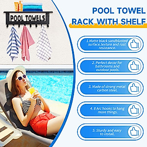 Kuhome Pool Towel Racks with Shelf Outdoor Pool Decor Wall Mount Towel Hooks Towel Holder with 8 Hooks Black Towel Storage Hanger Organizer for Bathroom Pool Accessories