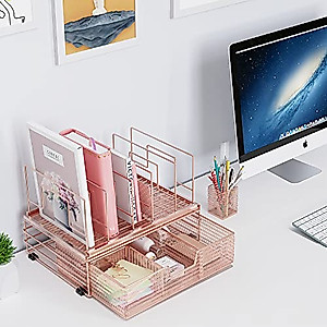 Cisily Desk Organizers and Accessories, 5 Vertical File Holders Home Office Supplies, Desktop Organization with Drawer and Pen Holders, Rose Gold