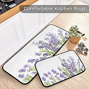 ALAZA Lavender Flower Watercolor 2 Piece Kitchen Rug Floor Mat Set Runner Rugs Non-Slip for Kitchen Laundry Office 20" x 28" + 20" x 48"