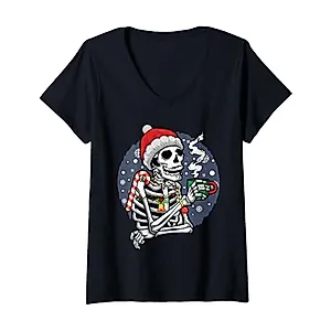 Cool Skeleton Drinking Chocolate Winter December Christmas V-Neck T-Shirt