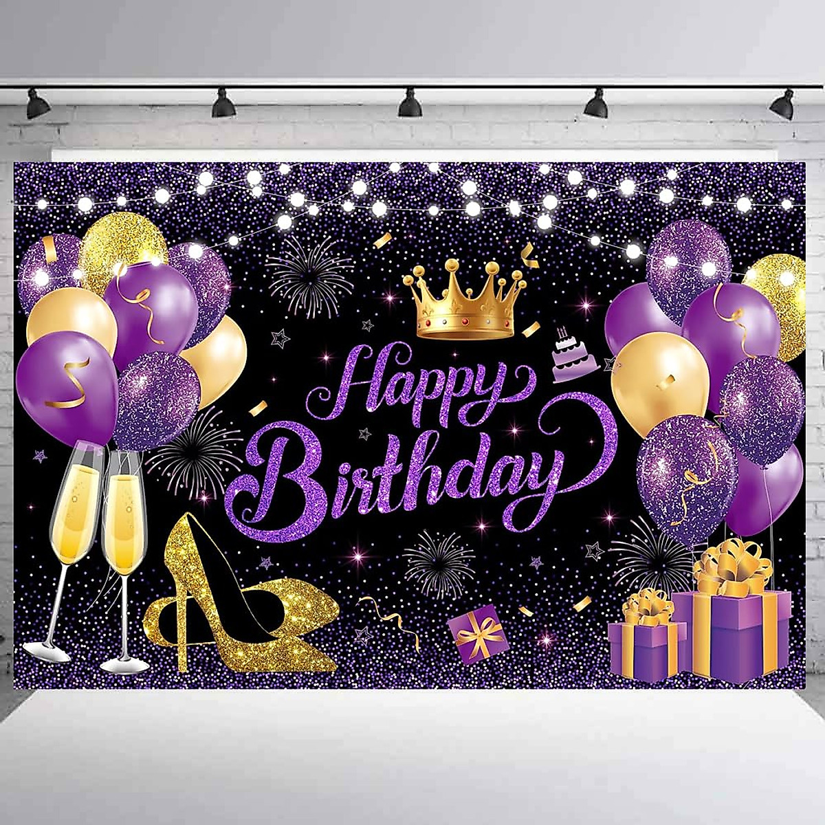YinQin 180x120 cm Black Purple Gold Happy Birthday Party Backdrops Cloth 71x47 in. Birthday Celebration Photography Backgrounds Glitter Purple Gold Happy Birthday Sign Decoration Banner for Women Girl