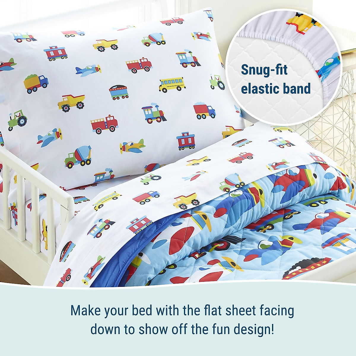 Wildkin Kids 100% Cotton Toddler Sheet Set for Boys & Girls, Bedding Set Includes Top Sheet, Fitted Sheet, Standard Pillow Case, Bed Sheet Set for Cozy Cuddles (Trains, Planes, & Trucks)
