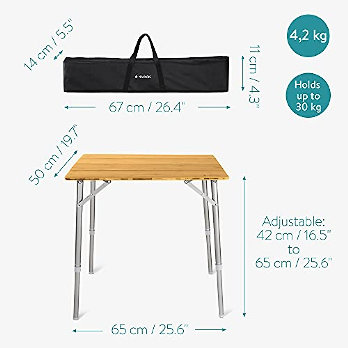Navaris Portable Folding Bamboo Table - Woden Height Adjustable, Camping Table for Outdoors, Picnics with Telescopic Aluminum Legs
