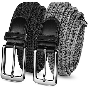 VEASAERS Golf Belts for Men 2 Pack Braided Elastic Fabric Stretch Canvas woven for Men Women Youth Sports Golf Hiking (46"-50" Waist Adjustable, 2 Pack-Black+Gray)