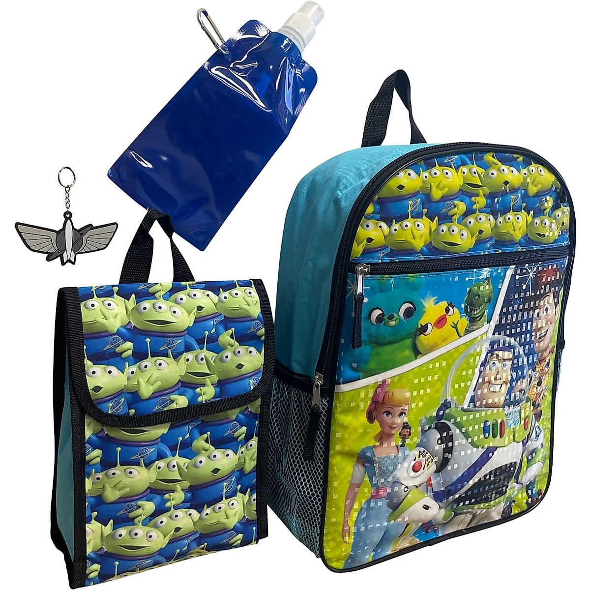 Toy Story Large Backpack 5 Pc Set W/ Lunch Box, Keychain, Collapsible Water Bottle, & carabiner Metal Clip (Black-Blue)