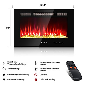 FOGATTI Electric Fireplace 30 Inch Wall Mounted and Recessed, RV Electric Fireplace, Remote Control with Timer, Fireplace Heater, Realistic 7 Color Flame, Crystals & Driftwood Options