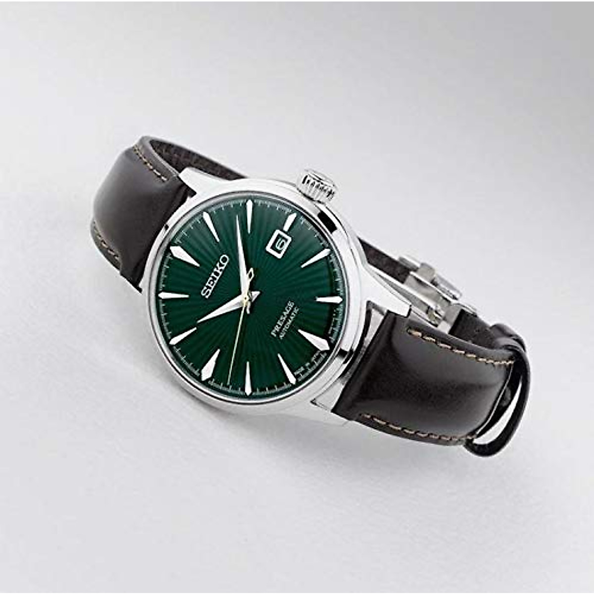 SEIKO mens PRESAGE 'Mockingbird' Cocktail Green Dial with Brown Leather Watch SRPD37J1