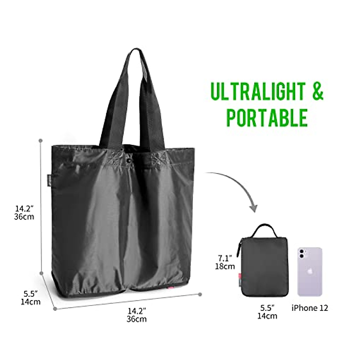pack all 16L Lightweight Packable Tote Bag, Water Resistant Foldable Grocery Bag, Reusable Shopping Bag (Black)
