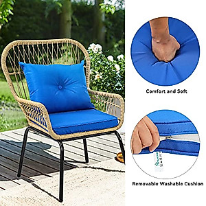 YITAHOME 3-Piece Outdoor Patio Furniture Wicker Bistro Set, All-Weather Rattan Conversation Chairs for Backyard, Balcony and Deck with Soft Cushions, Glass Side Table (Light Brown+Navy Blue)