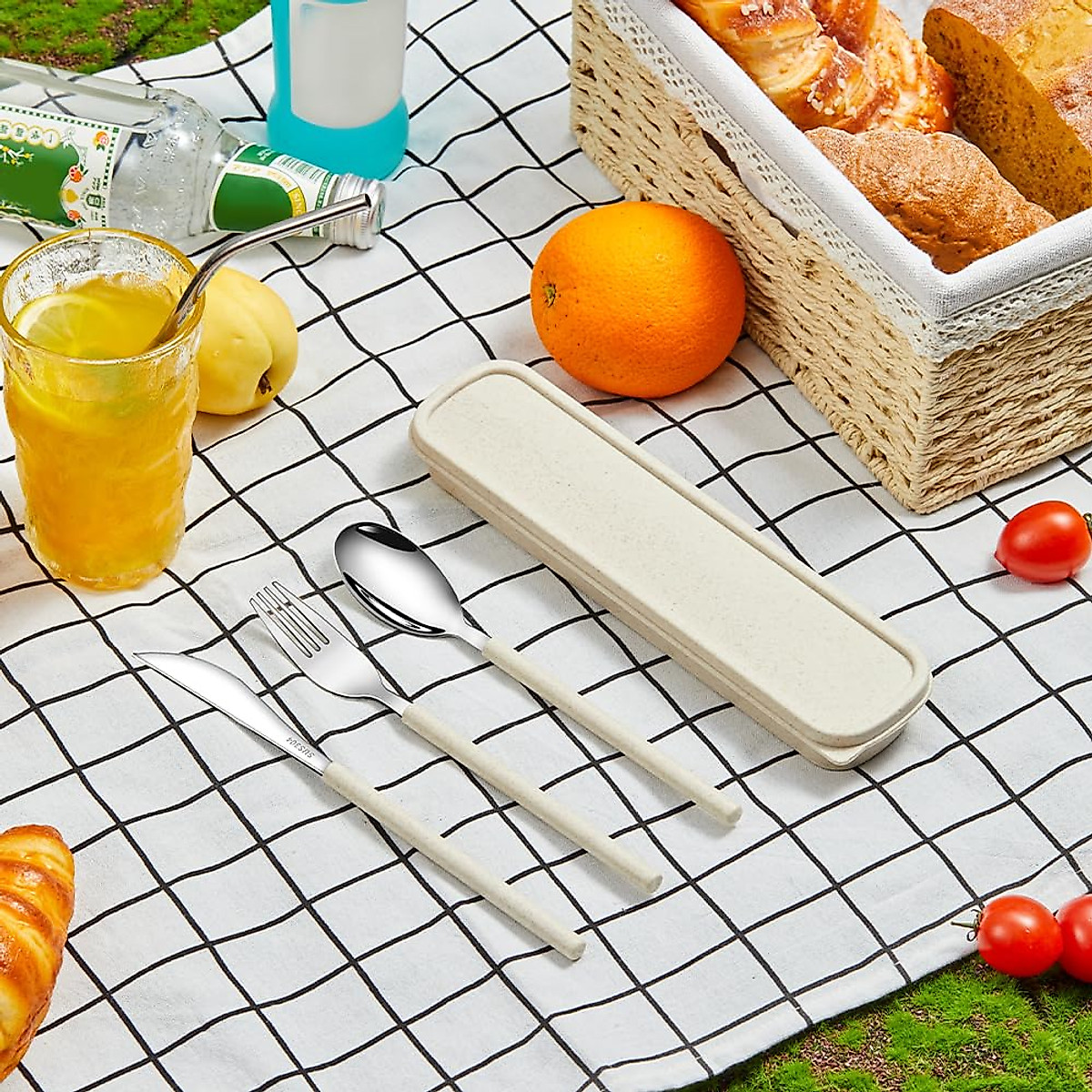 ArderLive 3 PCS Outdoor Flatware Set with Case, Fork Spoon Knife/Travel Set for Travel, Lunch Box and Camping, Christmas gifts Beige