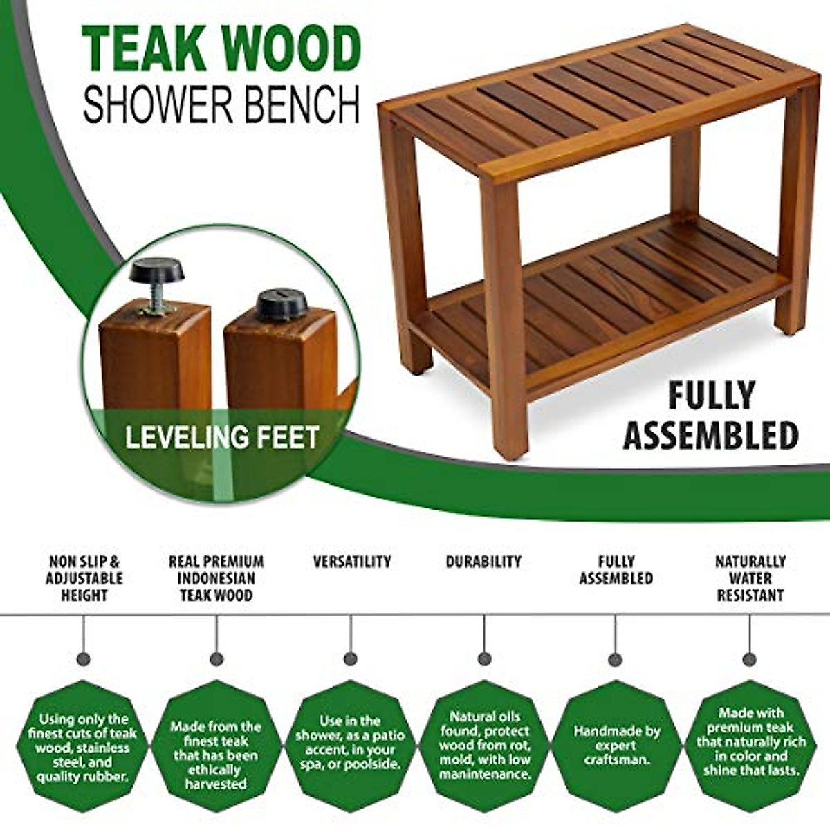 TeakCraft Teak Shower Bench 24 Inch For Bathroom, Spa - Fully Assembled, The Eske