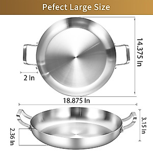 Inqibee Tri-Ply Stainless Steel Paella Pan with Lid,Large Skillet,Omelet Pan,Griddle,Jumbo Cooker,Induction Pan,Dishwasher and Oven Safe. (14 Inch)